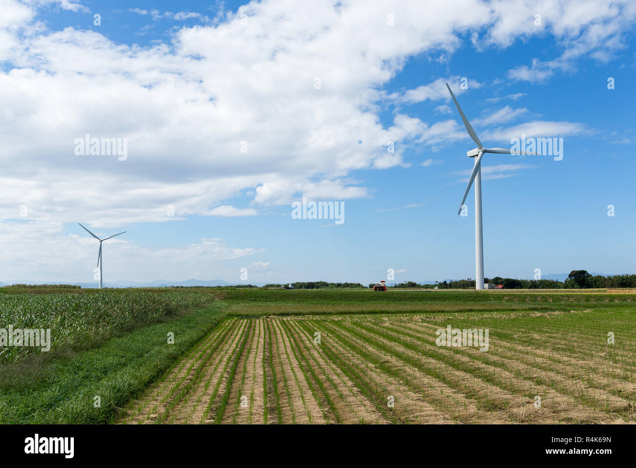 Wind turbine and farm with blue sky Stock Photo - Alamy