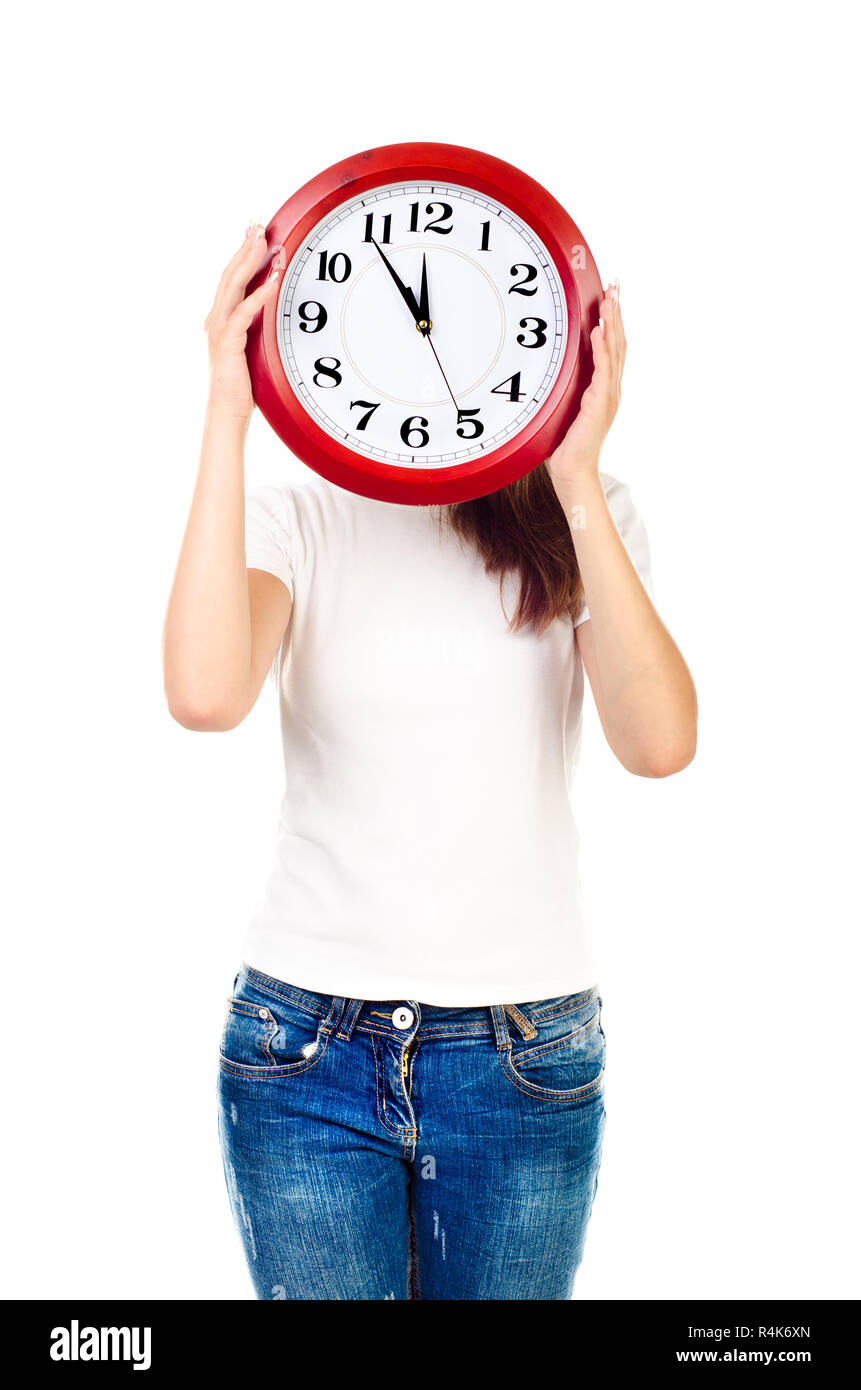 young girl with clock isolated on a white background Stock Photo - Alamy