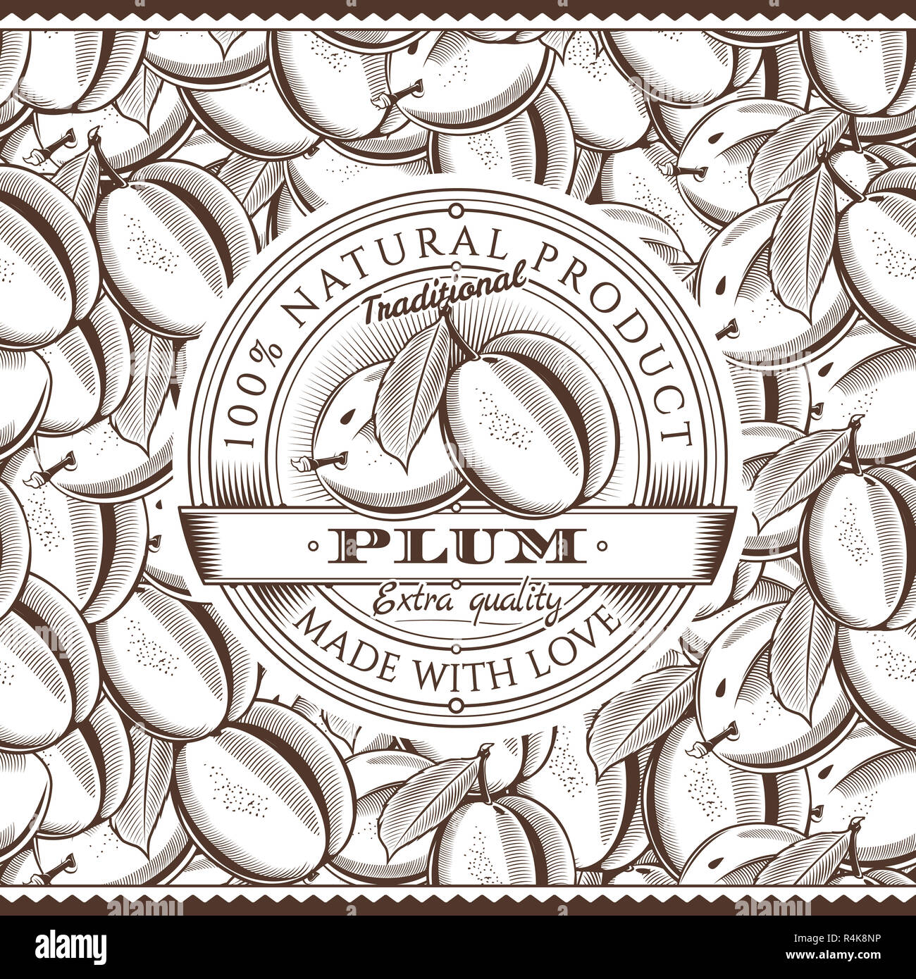 Vintage Plum Label On Seamless Pattern Stock Photo - Alamy