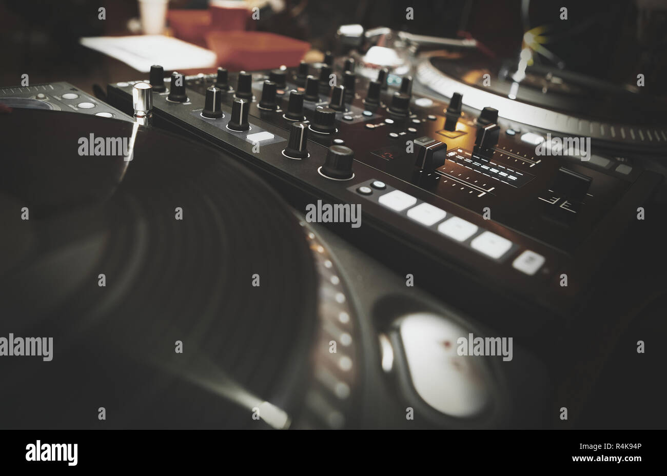 Professional dj turntable player and sound mixer controller Stock Photo ...