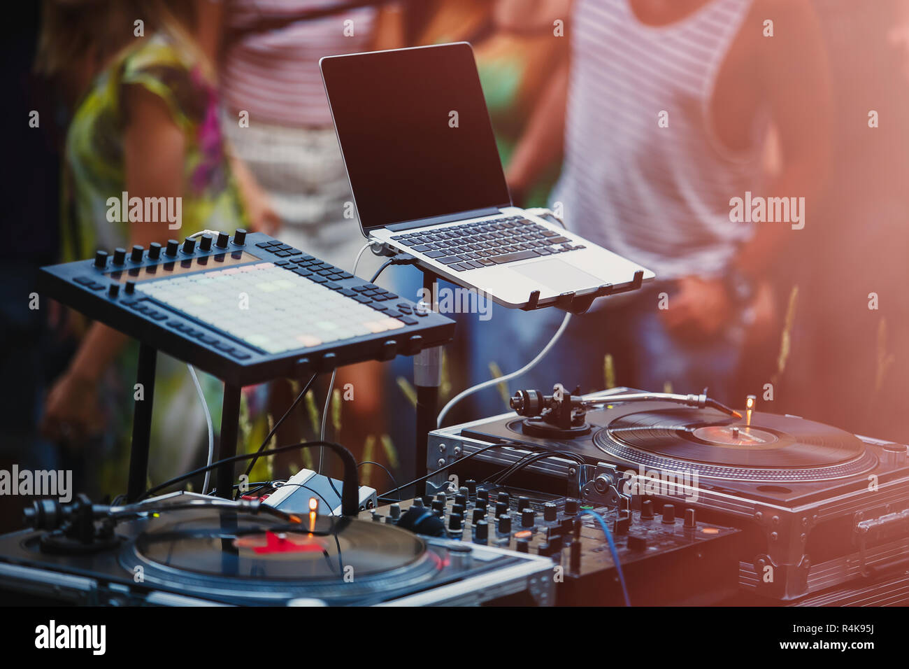 Open air music festival stage equipiment.DJ setup for playing music set ...