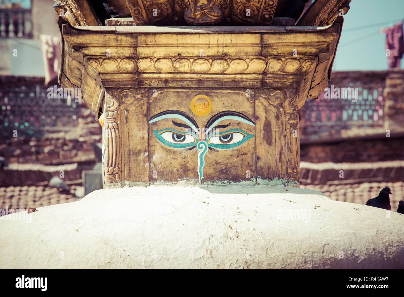 Buddha eyes close up with prayer flags at Bodhnath stupa in Kathmandu ...