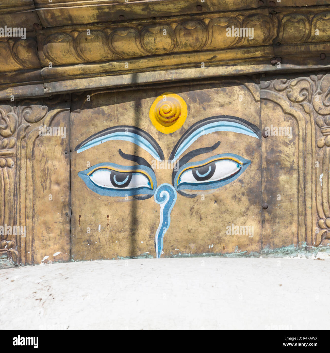 Buddha eyes close up with prayer flags at Bodhnath stupa in Kathmandu ...