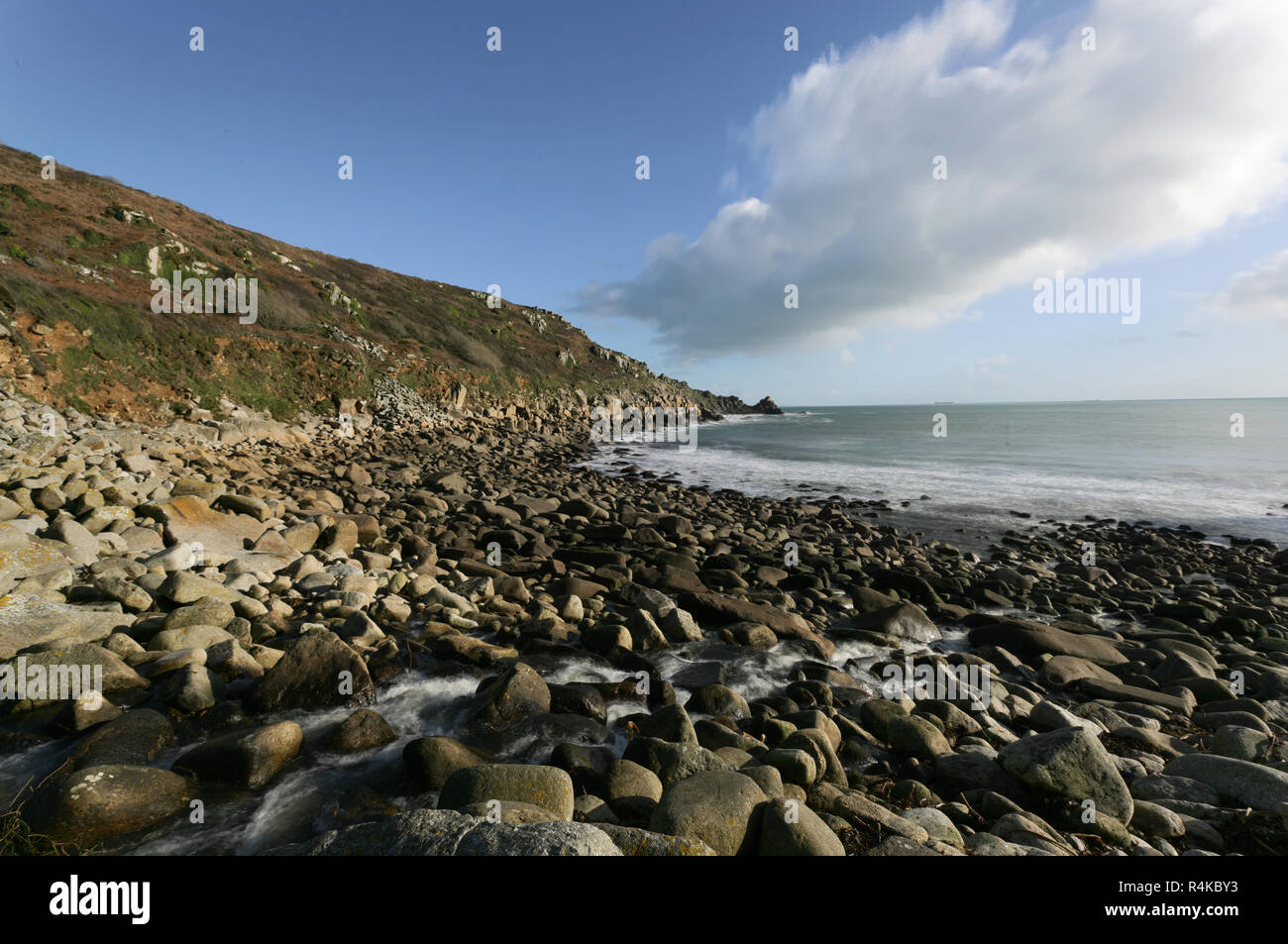 Lamorna beach view with blue sky, Cornwall, UK Stock Photo - Alamy