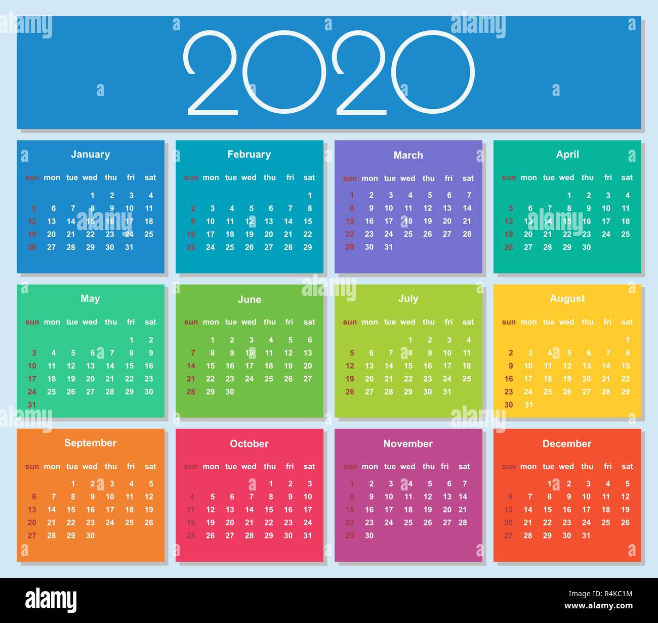 Colorful year 2020 calendar. Simple Vector Template. Isolated ...