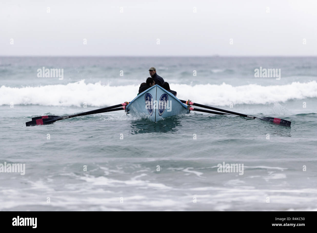 Surf Boats in action with Surf life saver crews Towan Beach, Cornwall ...