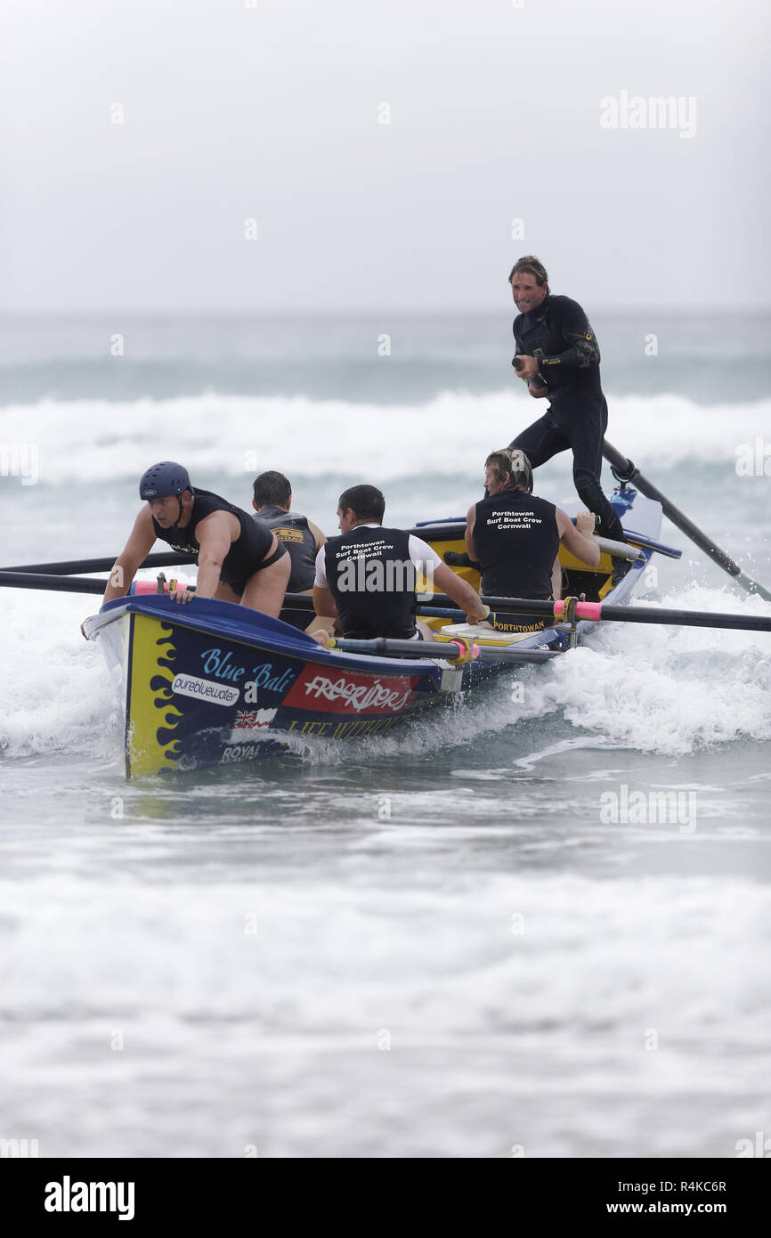 Surf Boats in action with Surf life saver crews Towan Beach, Cornwall ...