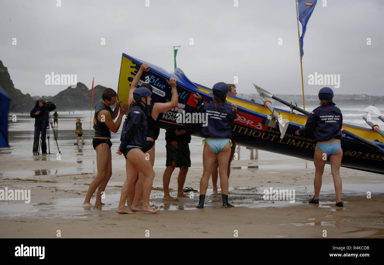 Surf Boats in action with Surf life saver crews Towan Beach, Cornwall ...