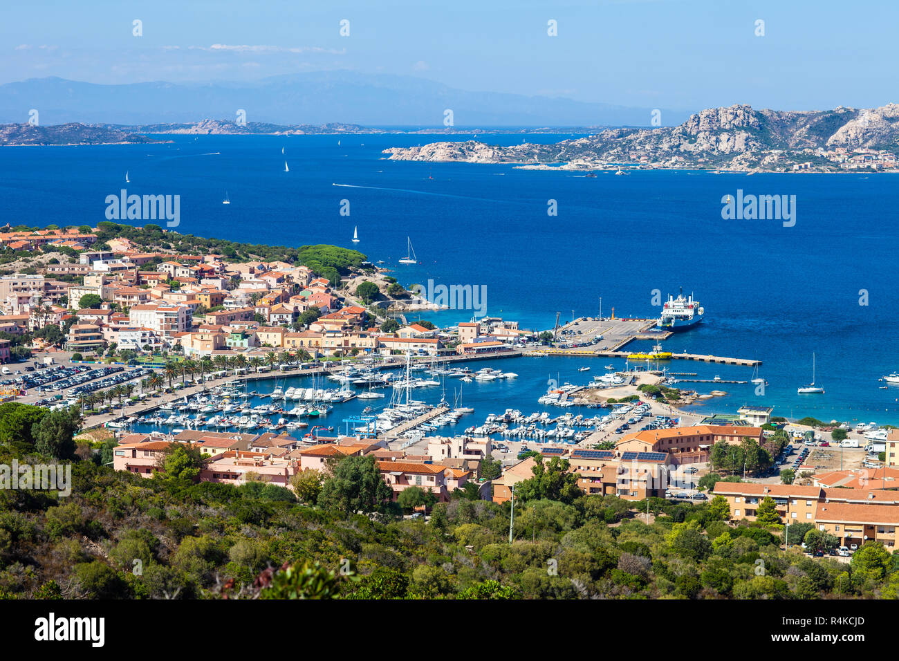 Panoramic aerial cityscape of Palau and mediterranean sea in Sardinia ...