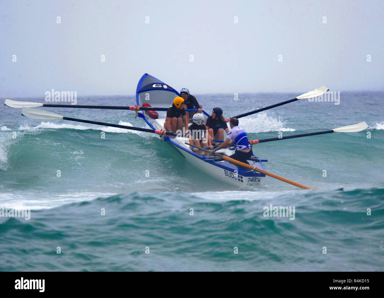 Surf Boats in action with Surf life saver crews Towan Beach, Cornwall ...