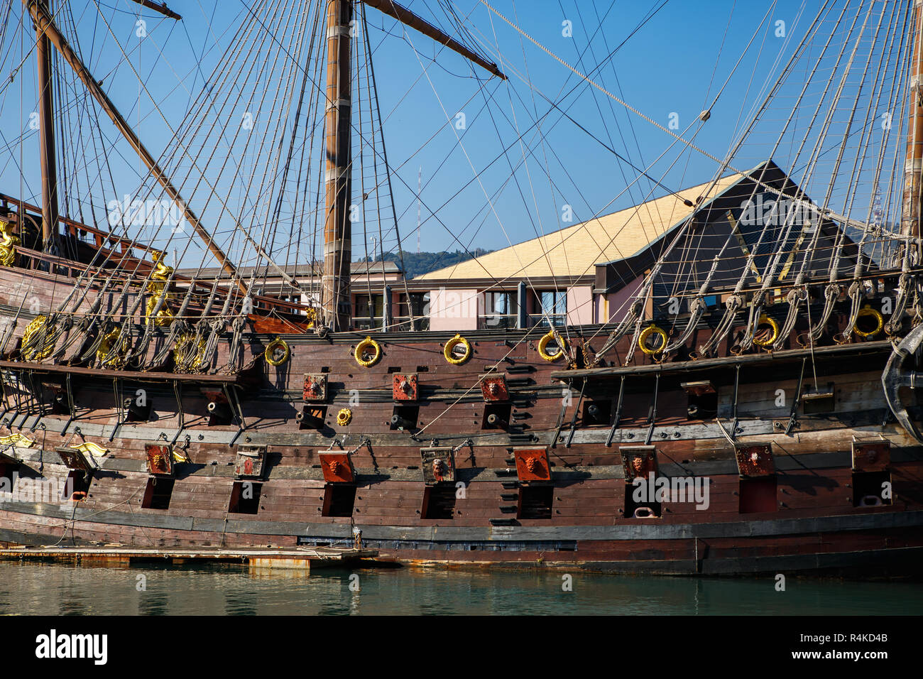GENOVA,ITALY-13 OCTOBER,2018: Big wooden pirate ship Neptune in harbor ...