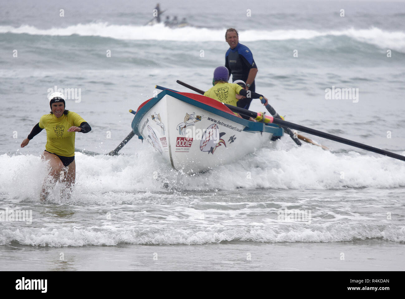 Surf Boats in action with Surf life saver crews Towan Beach, Cornwall ...