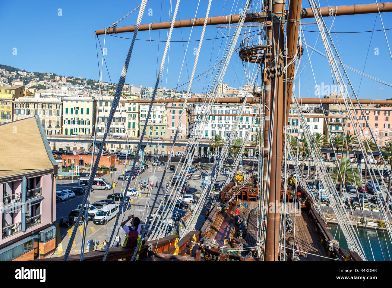 GENOVA,ITALY-13 OCTOBER,2018: Big wooden pirate ship Neptune in harbor ...