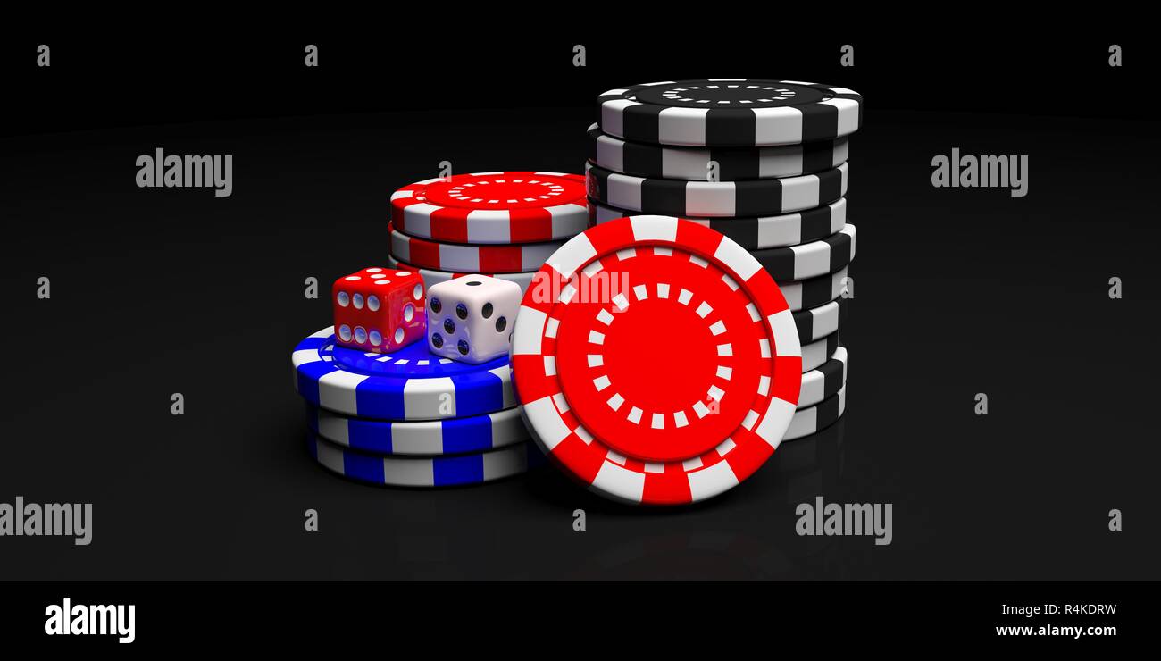 Gambling, casino concept. Poker chips piles and dice isolated on black ...