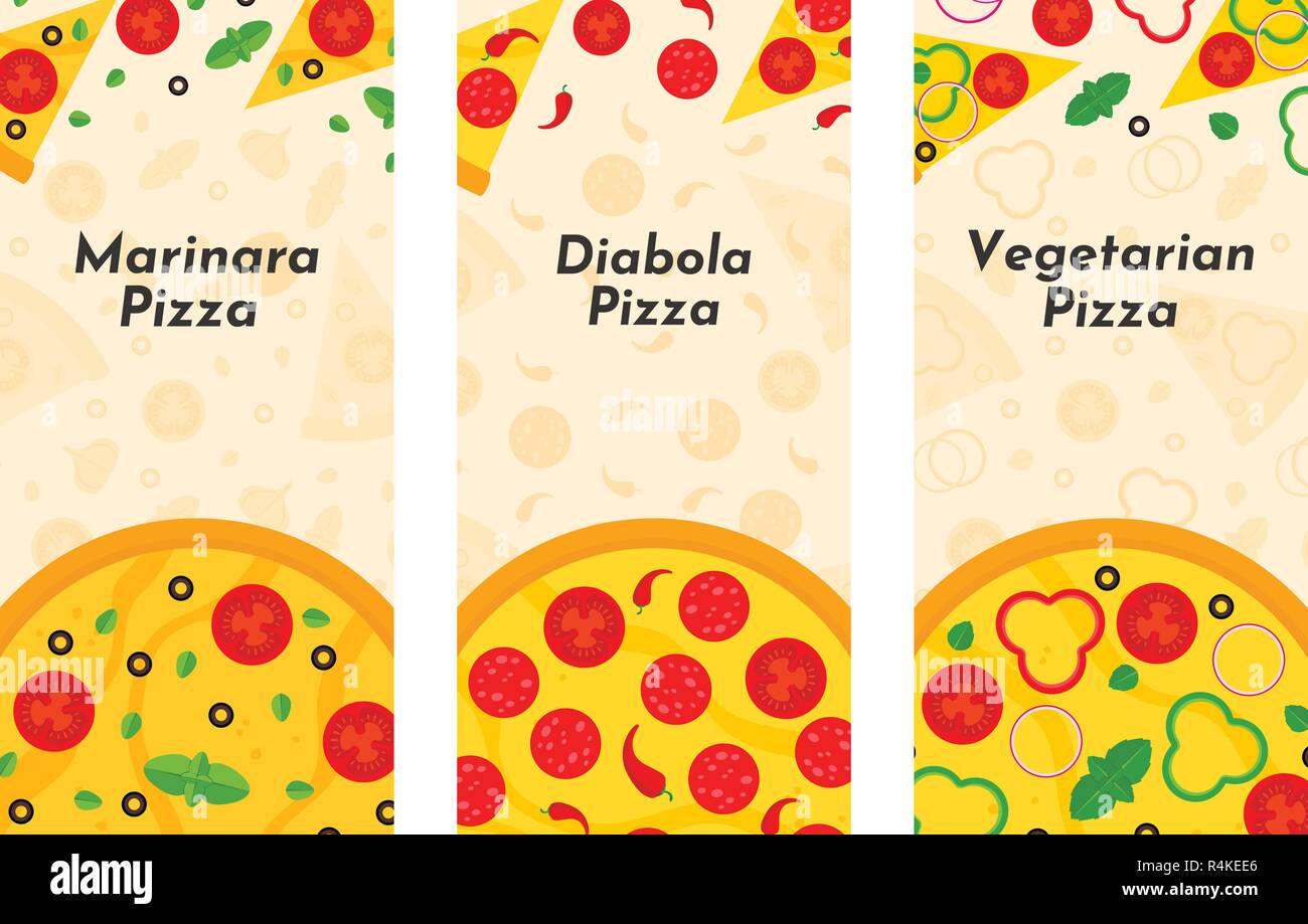 Vector flyer of Pizza and Pizzeria. Three vertical Pizza banners with ...