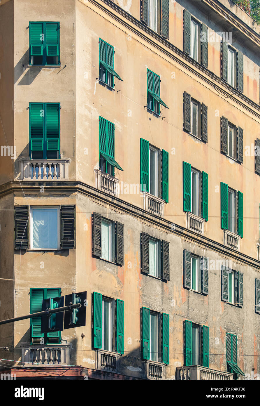 GENOVA,ITALY-12 OCTOBER,2018: Old Italian house with window shutters ...
