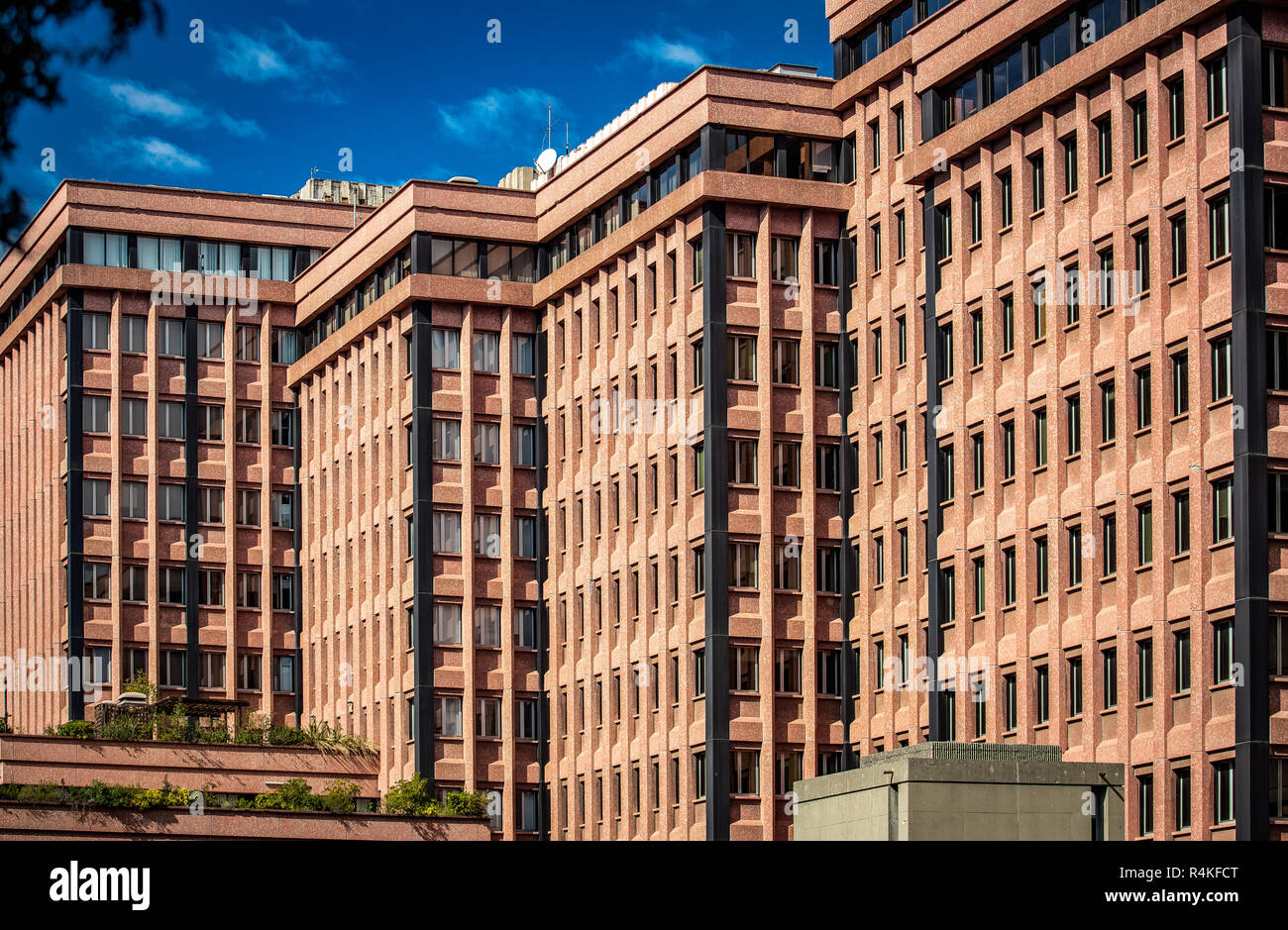 GENOVA,ITALY-12 OCTOBER,2018: Modern Italian architecture.Red stone ...