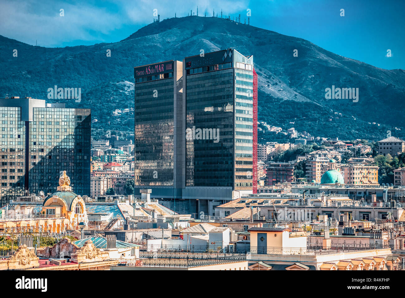 GENOVA,ITALY-12 OCTOBER,2018: Modern skyscrpers surrounded with classic ...