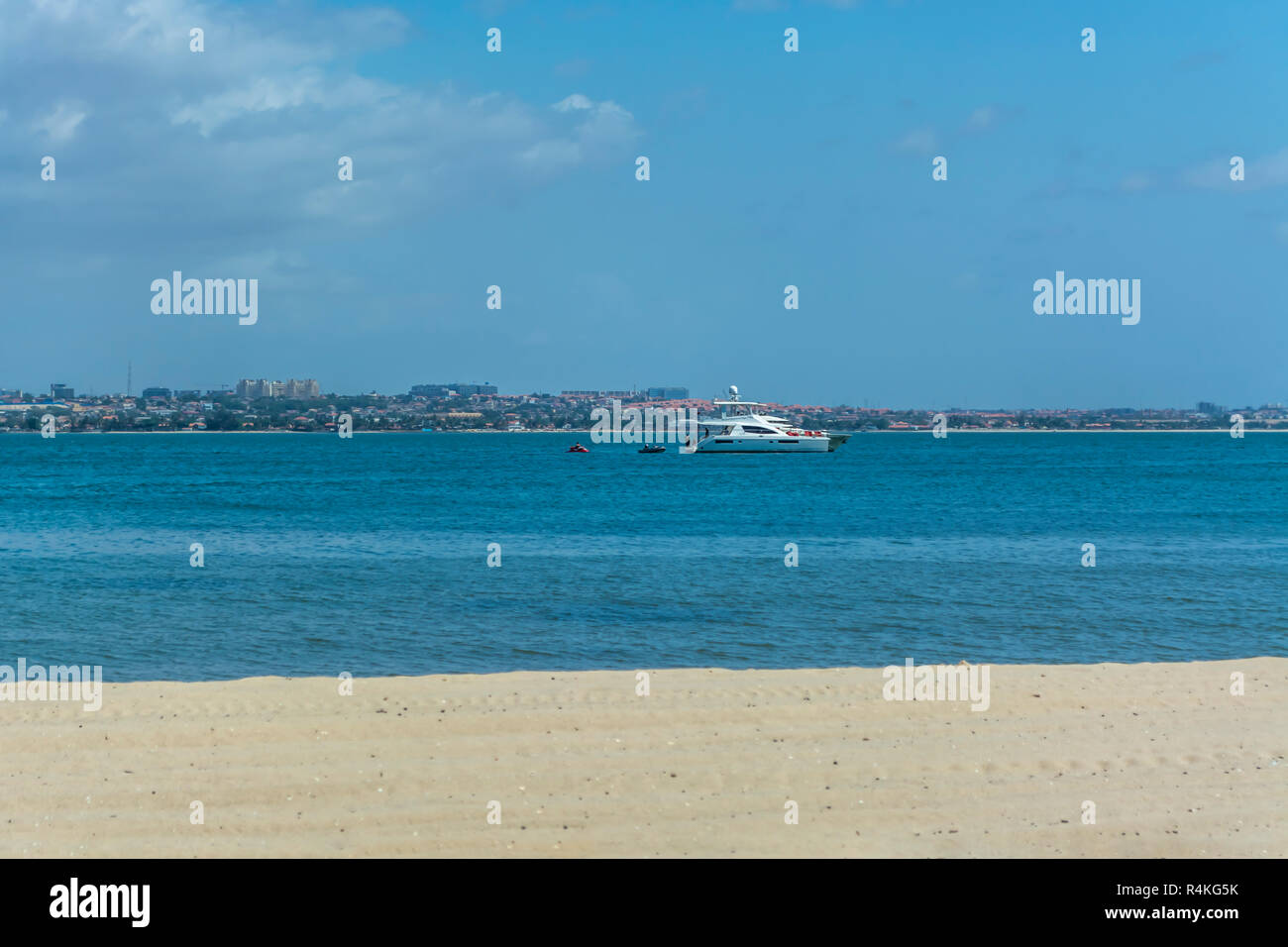 View at the beach and boats on water, on the Mussulo Island, Luanda ...