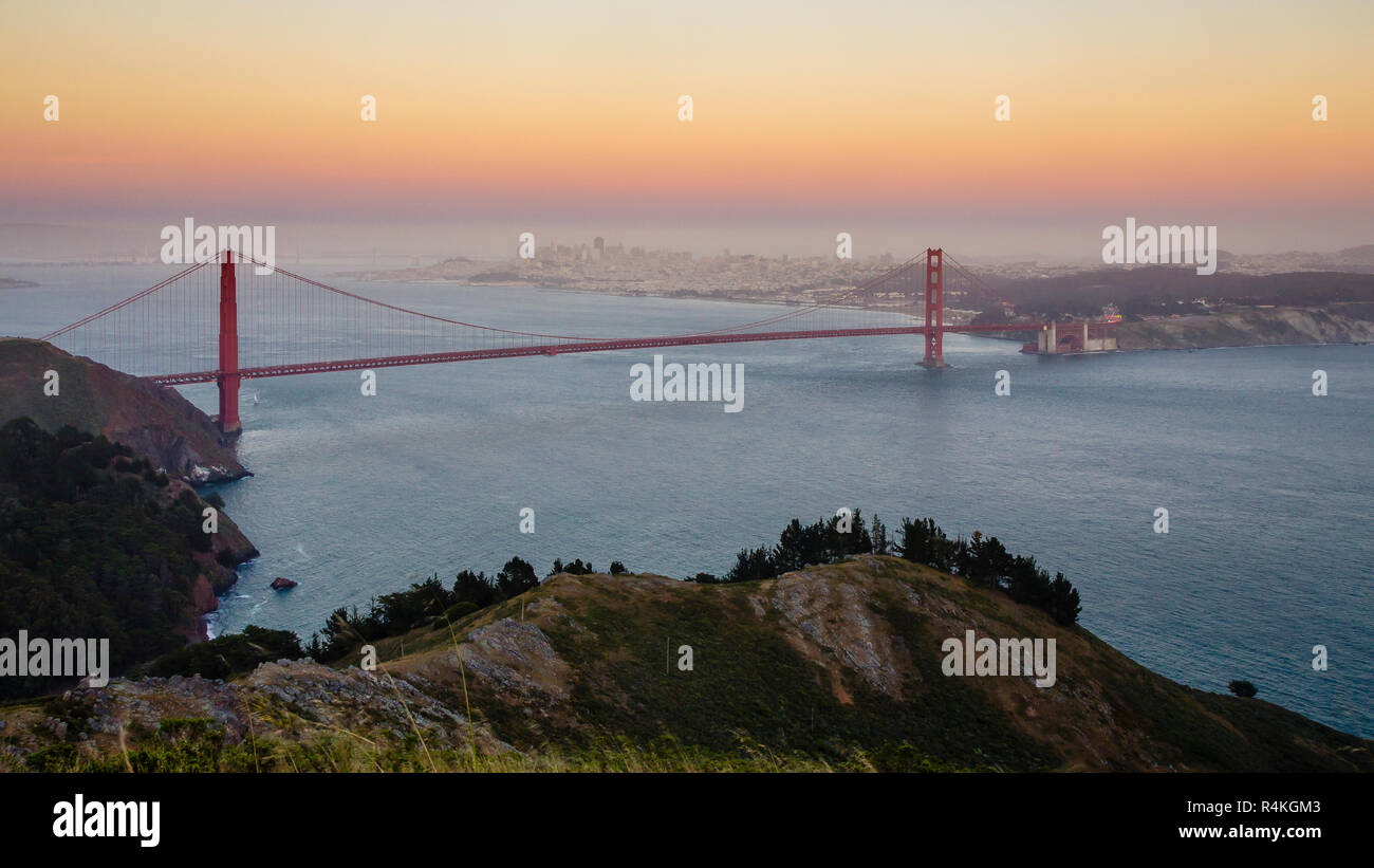 Golden gate bridge at sunset aerial view, san francisco hi-res stock ...