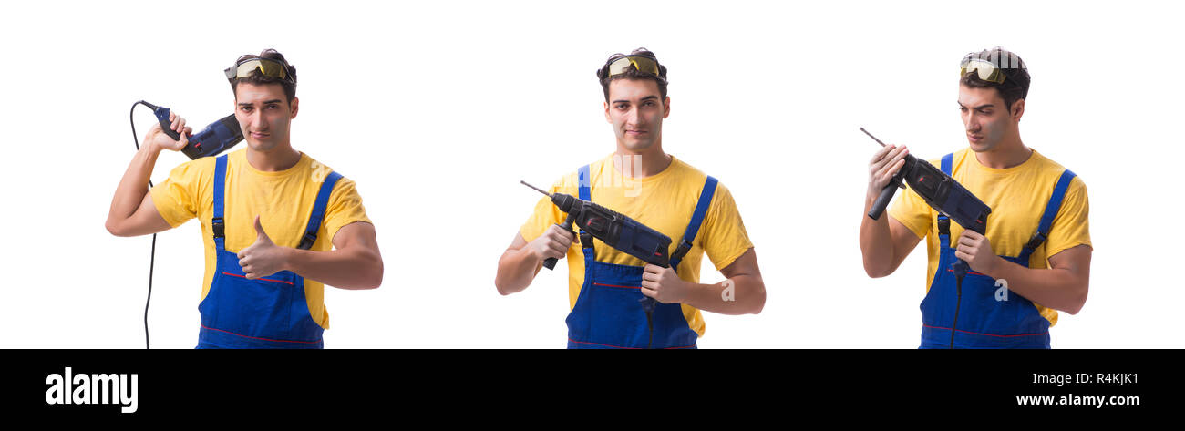 Contractor employee with hand power drill on white background Stock ...