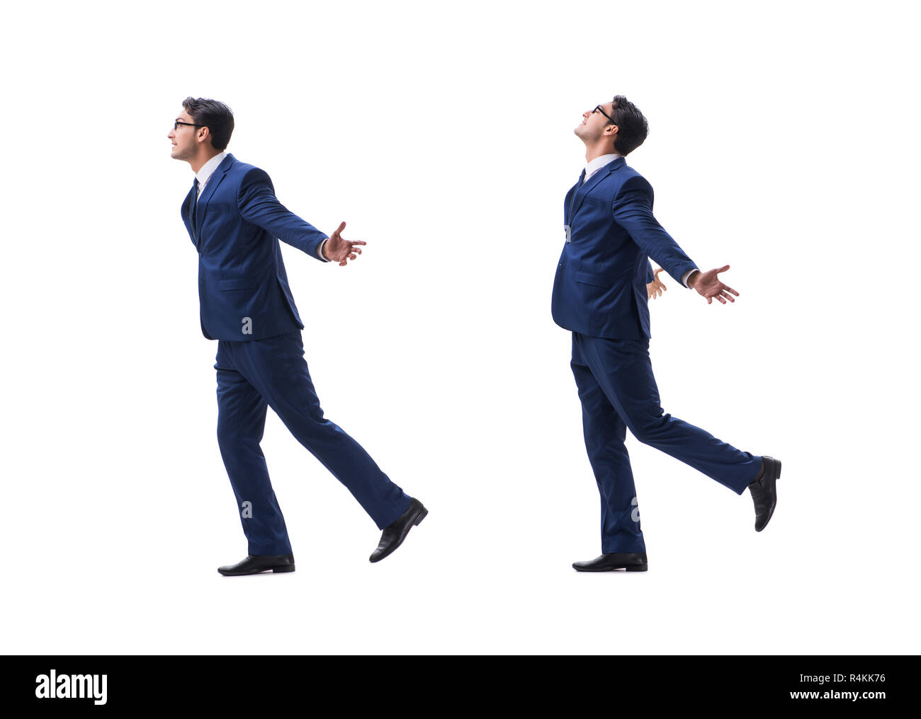 Businessman walking standing side view isolated on white background ...