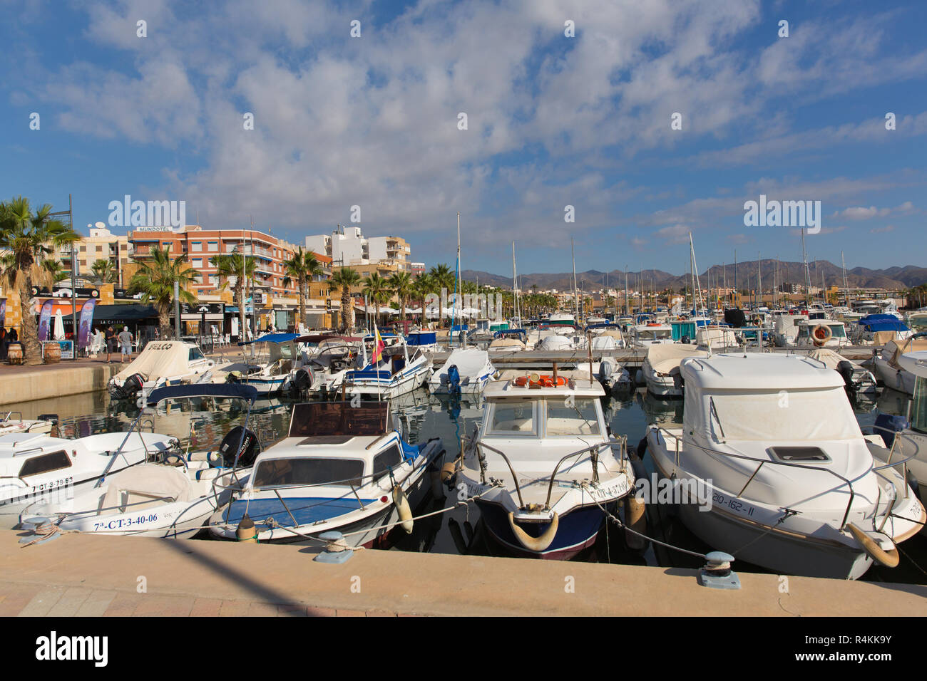 Port at Puerto de Mazarron with boats and yachts and blue sky Stock ...
