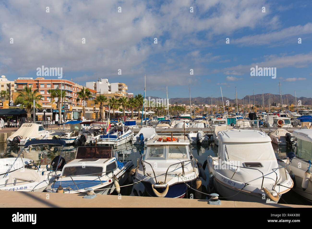 Port at Puerto de Mazarron with boats and yachts and blue sky Stock ...