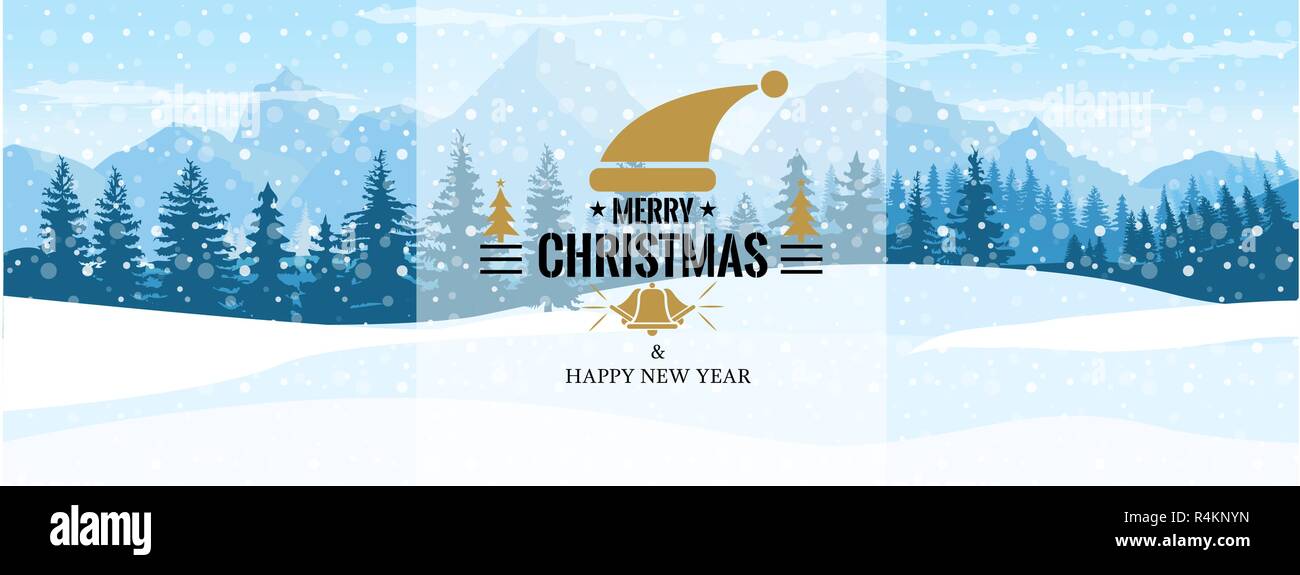 Horizontal Winter Landscape. Happy New year symbol or label with ...