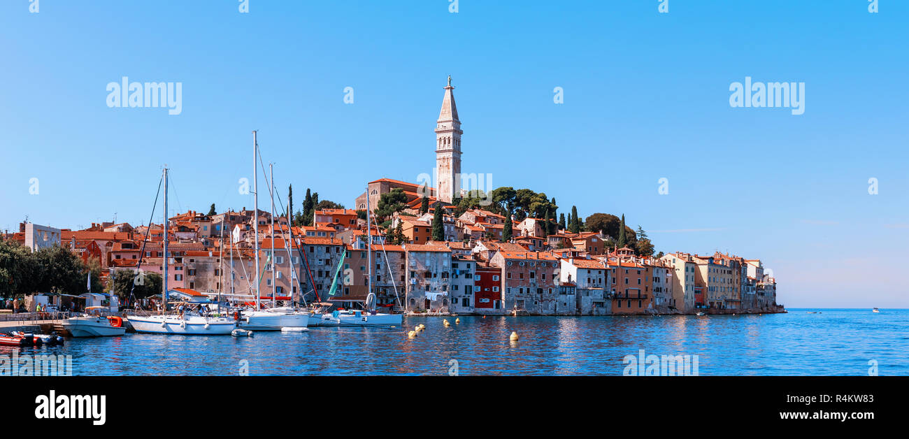 Beautiful and cozy medieval town of Rovinj, colorful with houses and a ...