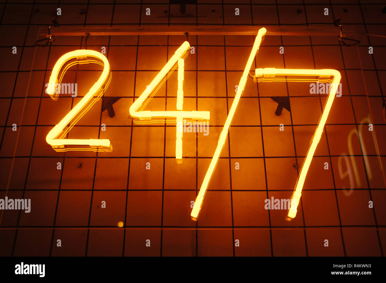 24 7 bar neon red signboard. Open sign. Day and night working. 24 hour ...