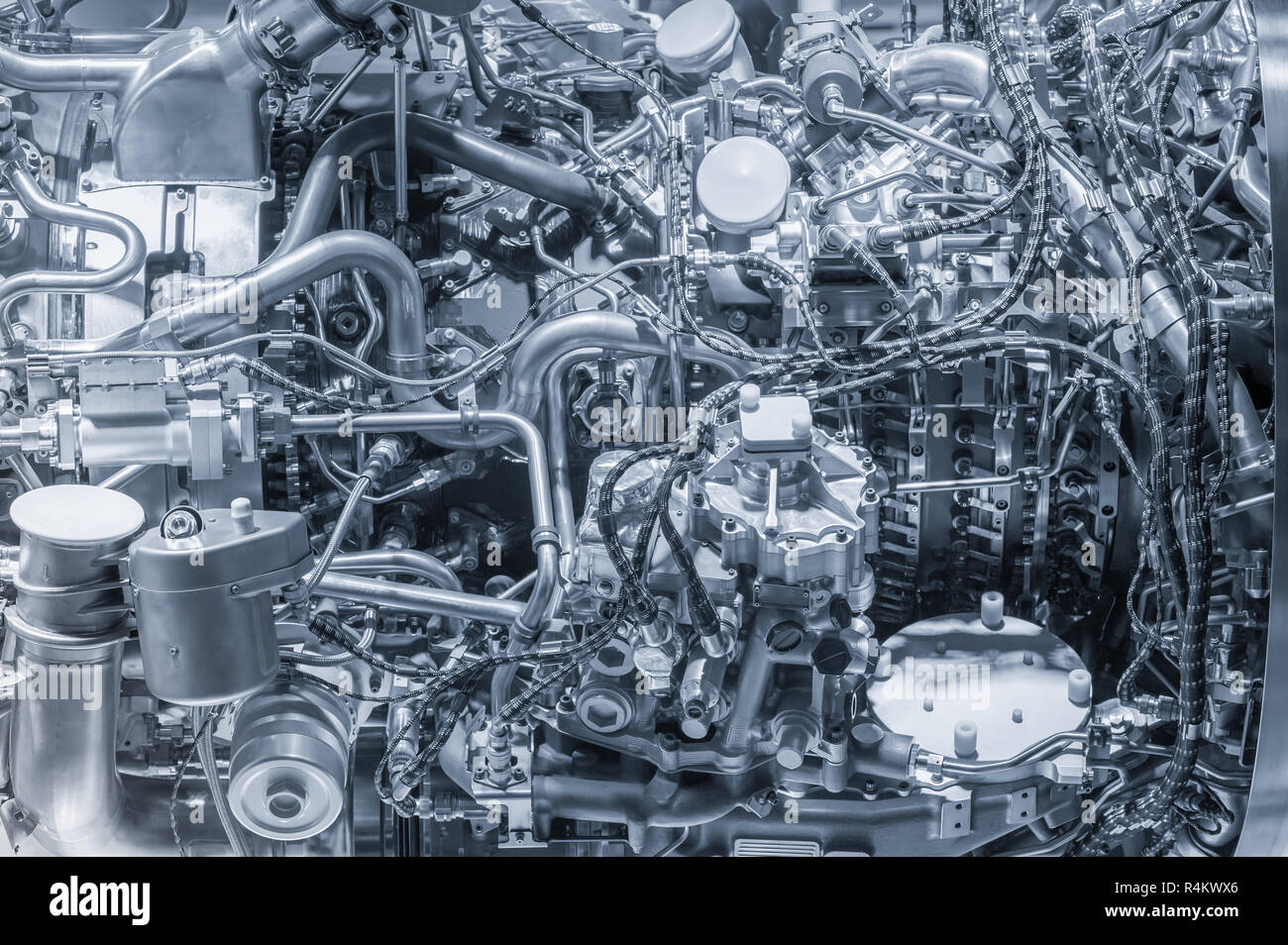 blue toned detail of complex jet engine components Stock Photo - Alamy