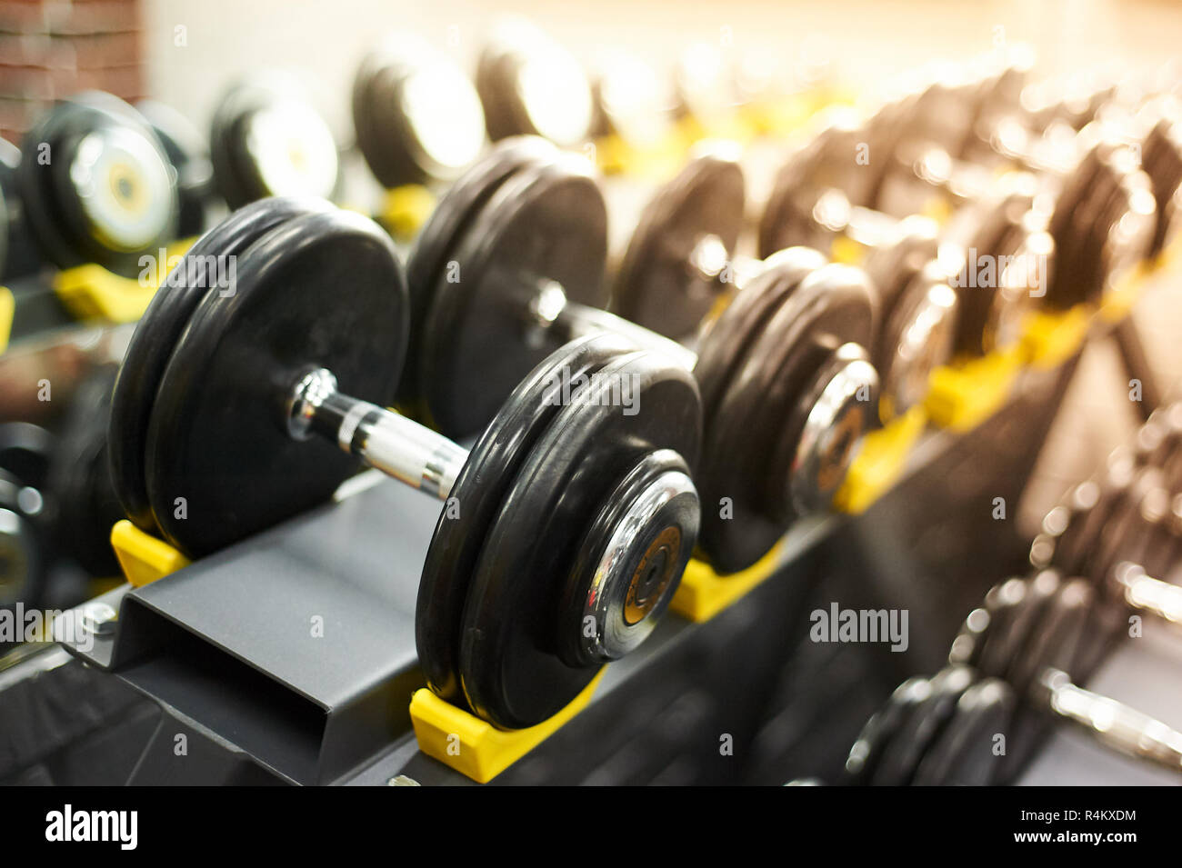 dumbbells row in a gym. sport sunny background. closeup. copy space ...