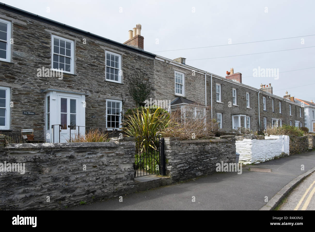 Traditional stone built houses in Portscatho on the south coast of ...
