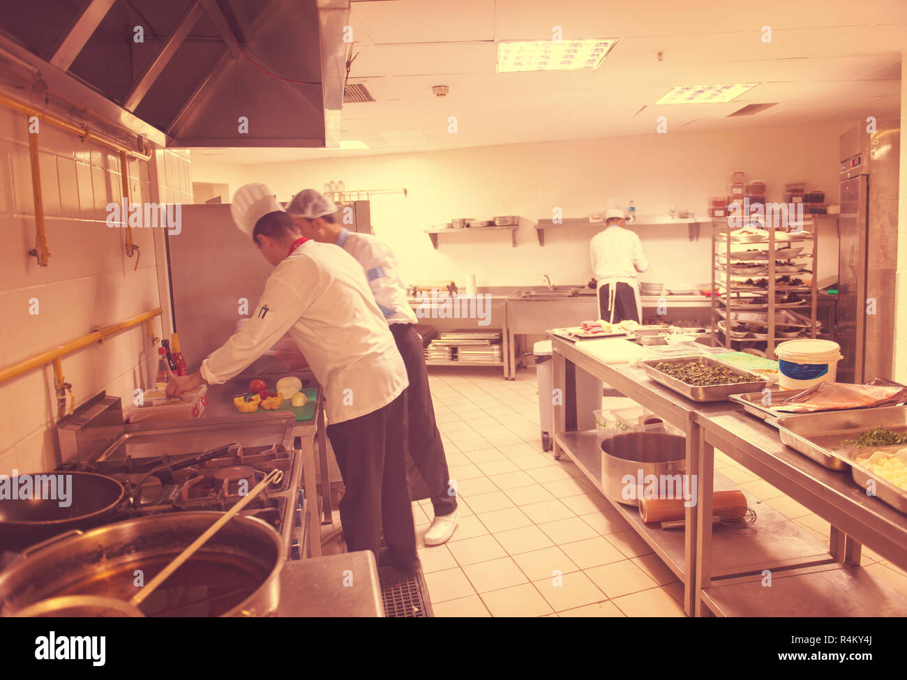 Professional team cooks and chefs preparing meals at busy hotel or ...