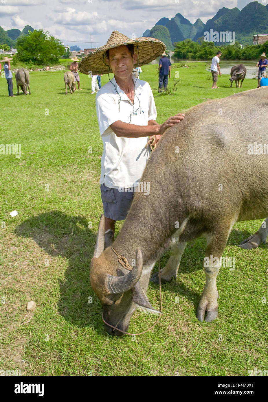 Yangshuo, China - July 14, 2010: Local chinese farmer with water ...