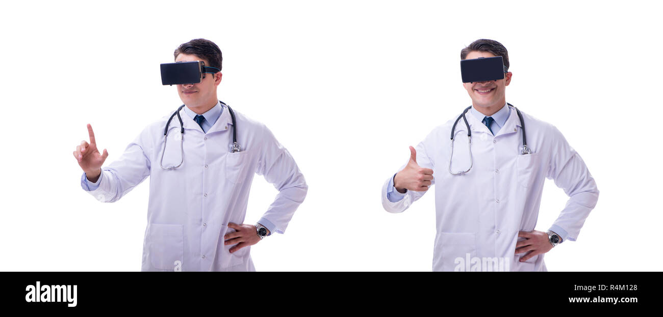 Doctor wearing a vr virtual reality headset isolated on white ...