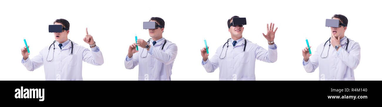 Doctor wearing a vr virtual reality headset isolated on white ...