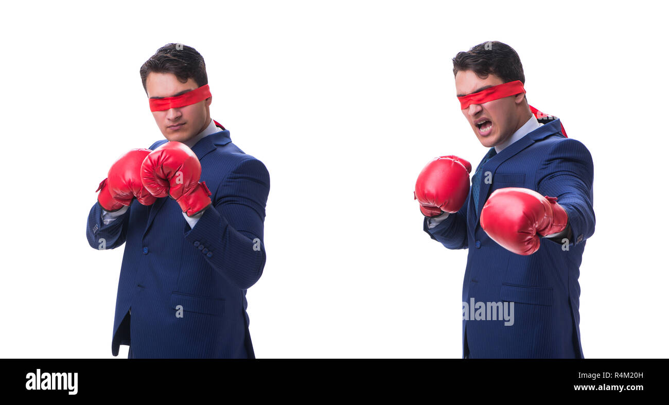 Lawyer with blindfold wearing boxing gloves isolated on white Stock ...