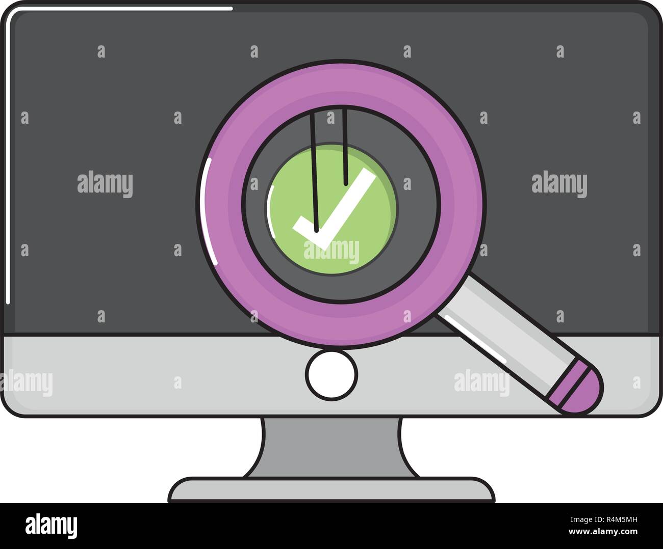 technology computing screen with magnifying glass and check mark ...
