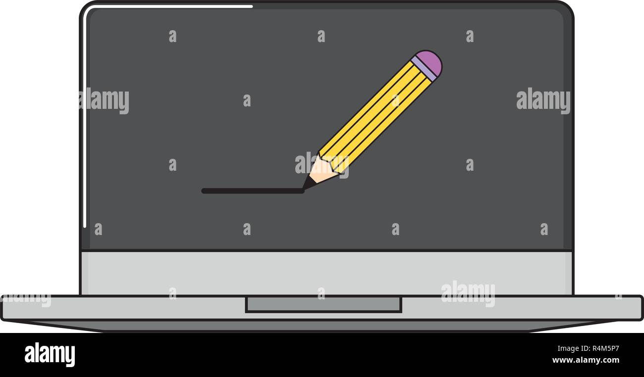 technology laptop with pencil drawing cartoon vector illustration ...