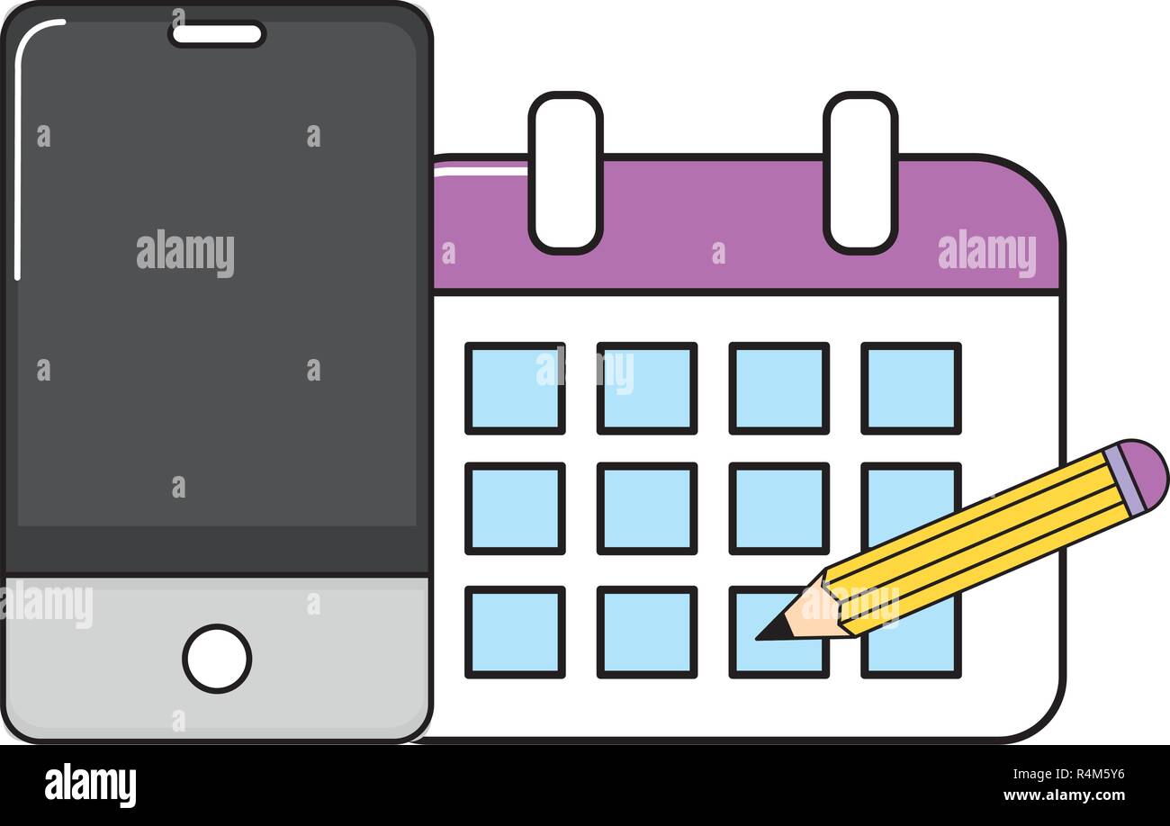 technology smartphone with calendar app and pencil cartoon vector ...