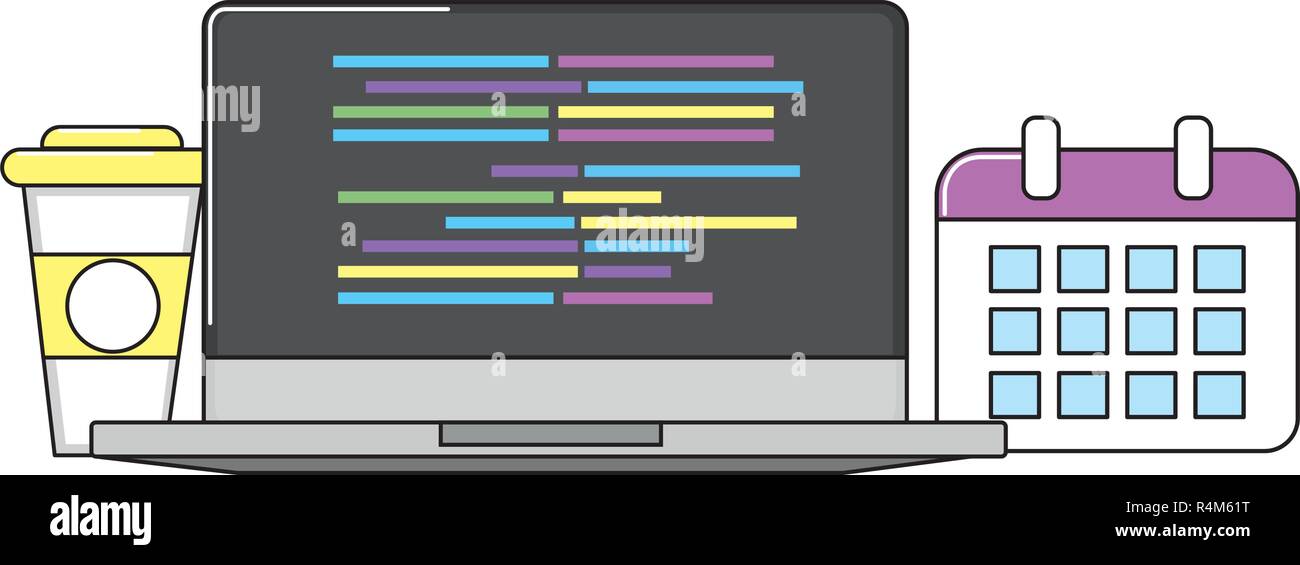 technology laptop with calendar and coffee cup cartoon vector ...