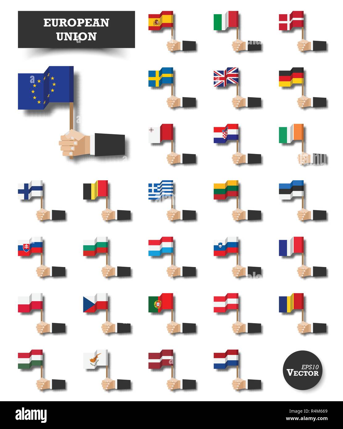 European union . Set of EU flag and membership . Hand of businessman ...
