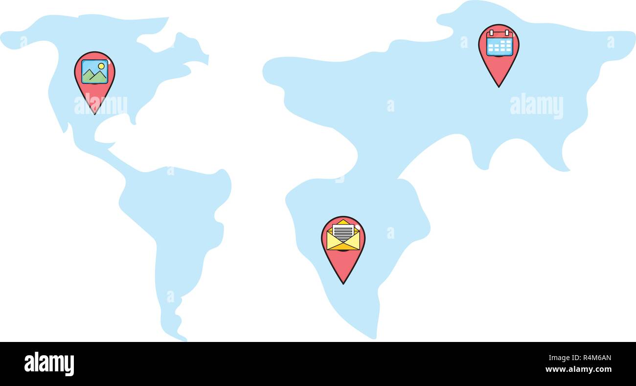 technology web gps locations over world map cartoon vector illustration ...