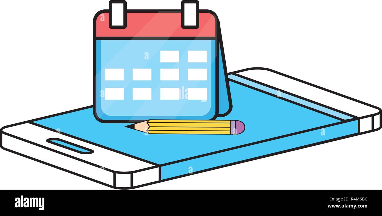 technology smartphone with calendar app and pencil cartoon vector ...