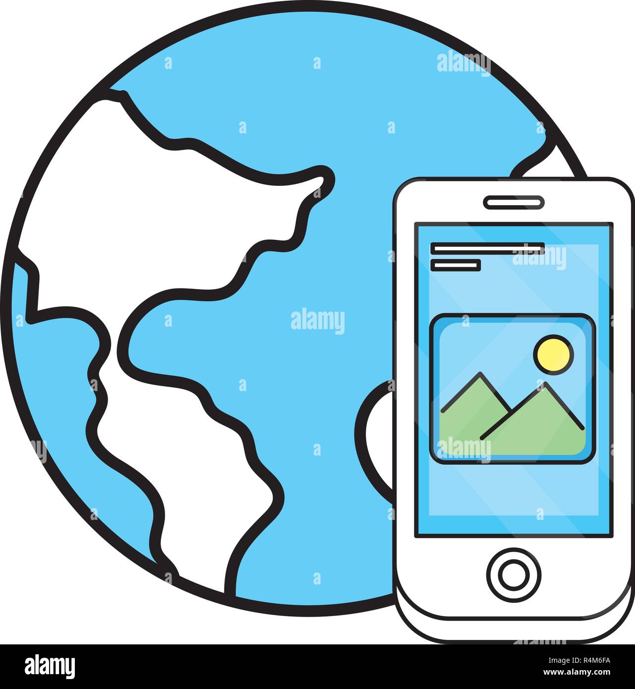 technology smartphone with image in front world cartoon vector ...