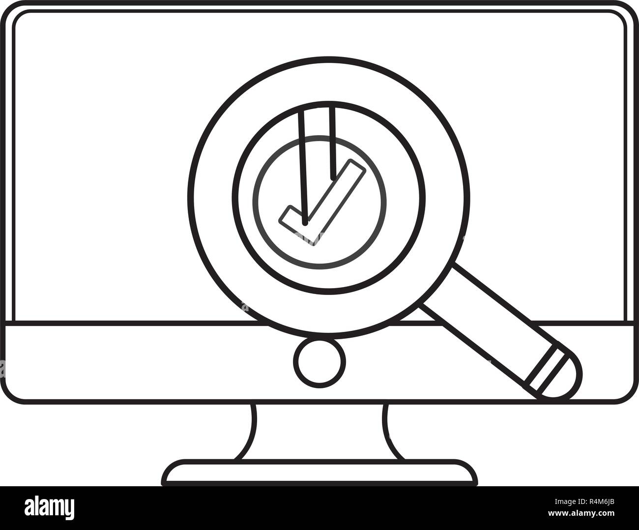 technology computer screen with magnifying glass and check mark cartoon ...