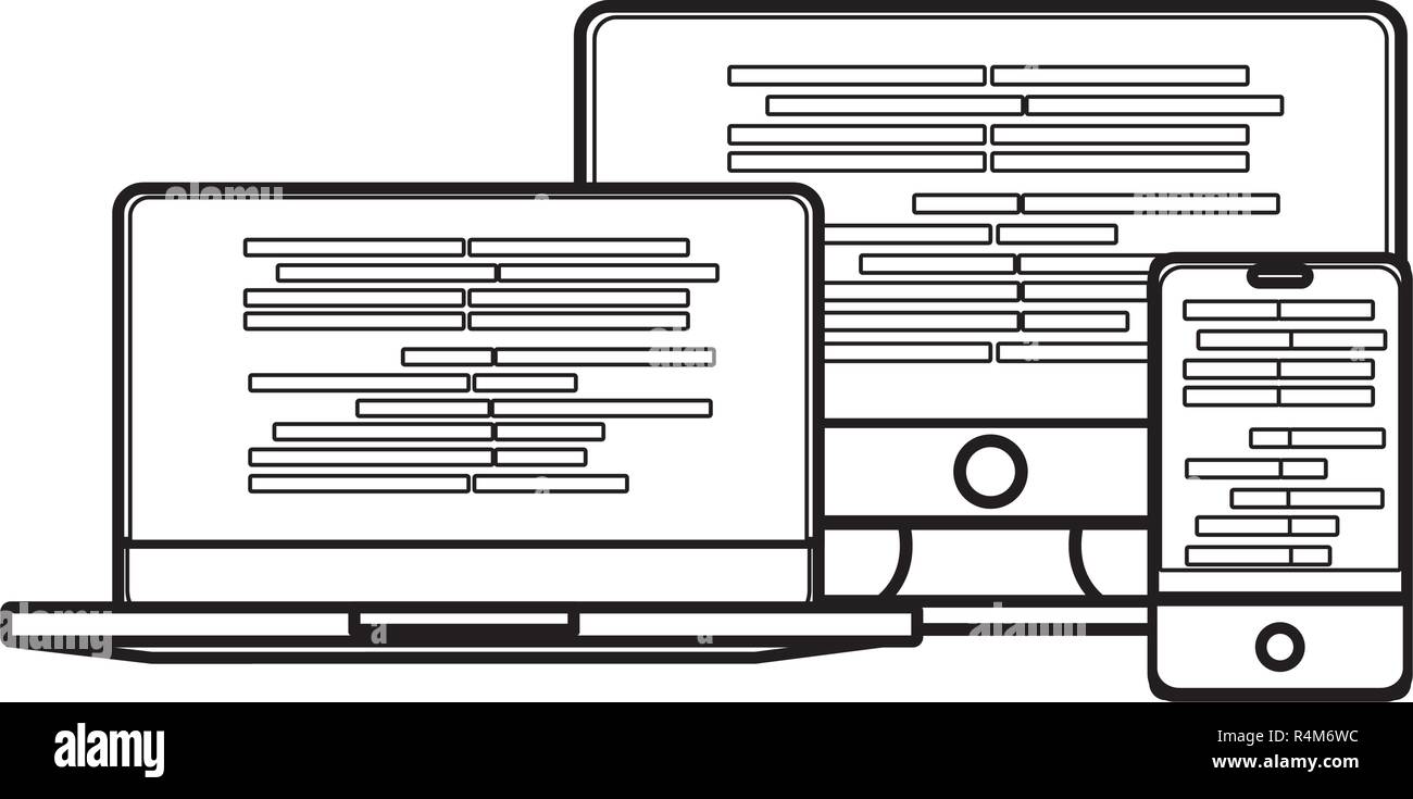 technology laptop with smartphone and computer screen cartoon vector ...