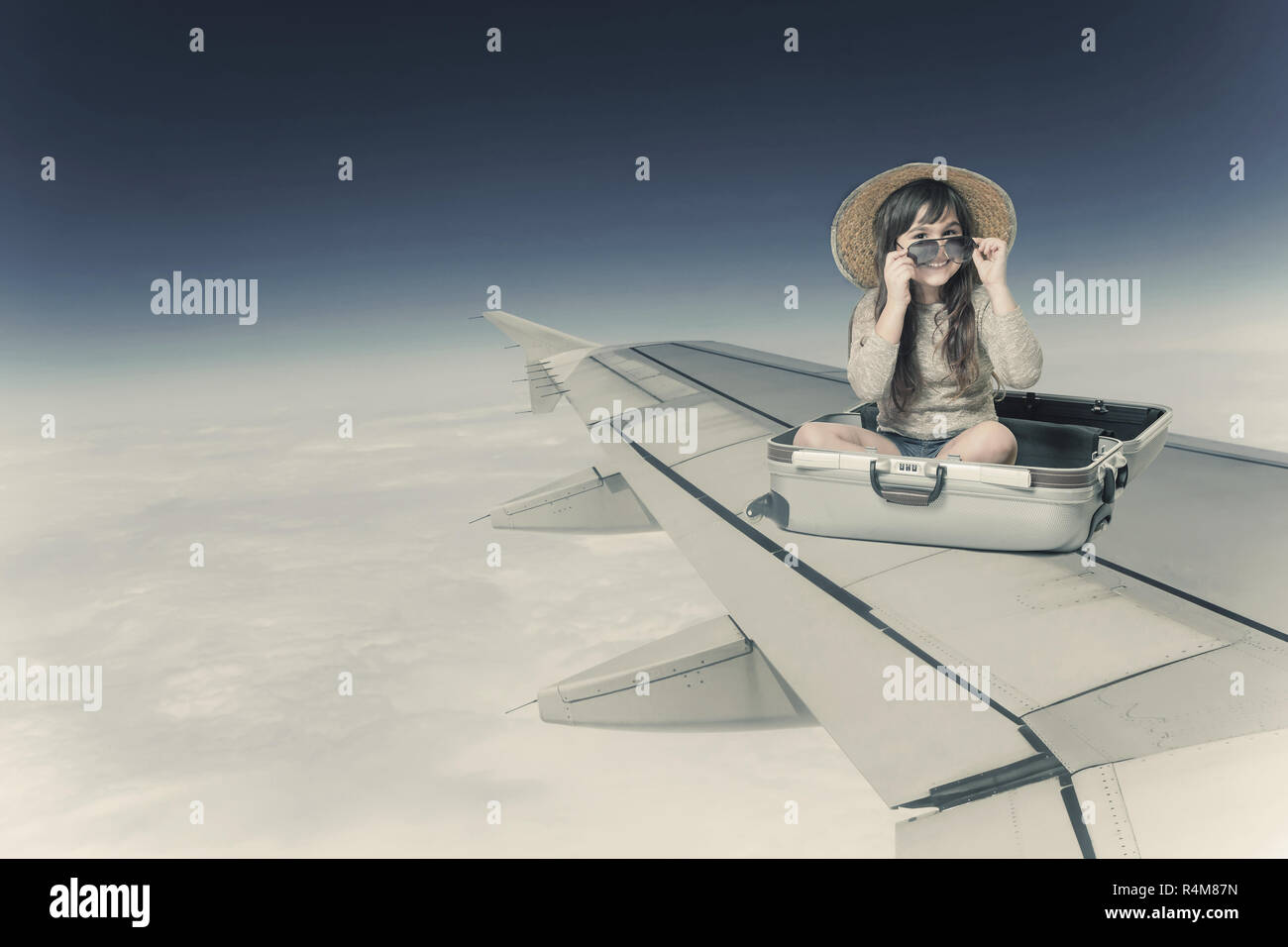 Girl sitting in the suitcase on the wing of the plane in flight Stock ...